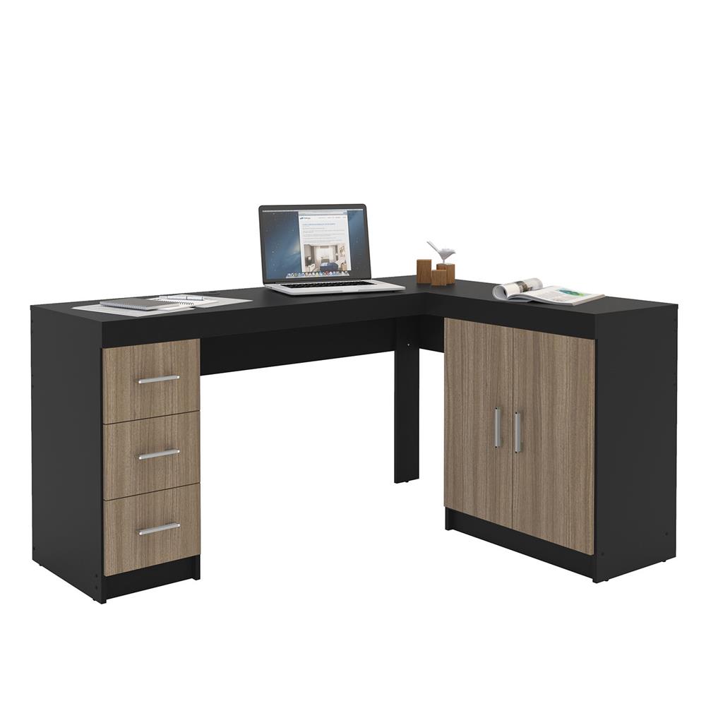 Mesa em L com Gavetas em Madeira Espanha Preto/Castanho Politorno